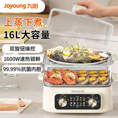 九阳电蒸锅电煮锅蒸汽锅不锈钢电蒸笼双层16L蒸锅家用GZ516