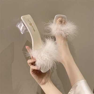 仙女风毛毛拖鞋女夏外穿2025年新款网红粗跟一字拖水晶高跟凉拖鞋