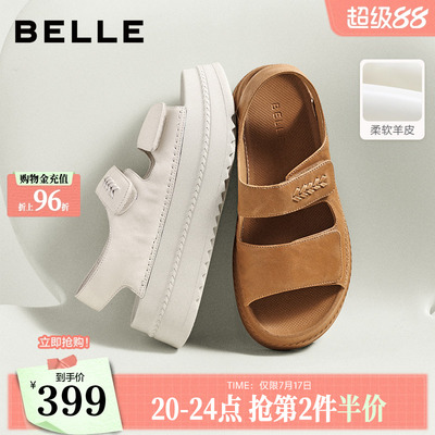 百丽羊皮厚底增高运动凉鞋女2026夏季新款魔术贴沙滩鞋子F7D1