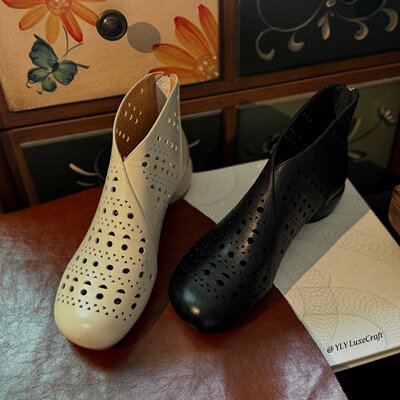 中跟镂空网靴女大码真皮凉靴夏