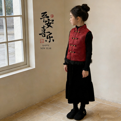 女童丝绒中长A字半身裙秋冬