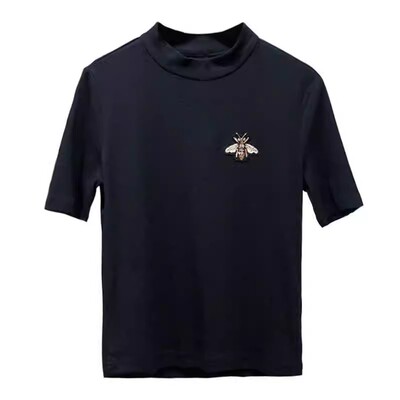 哥家商场同款2025夏季新款黑色冰丝针织蜜蜂短袖短款T恤女1300360