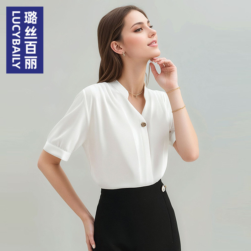 璐丝百丽2026新款短袖百搭衬衫女高级感职业上衣轻奢时尚显瘦V领