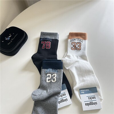 韩国进口新款singgoba春秋冬女士美式字母中筒棉袜子