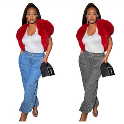 women jeans pants loose 欧美女式宽松牛仔裤束脚松紧腰休闲裤