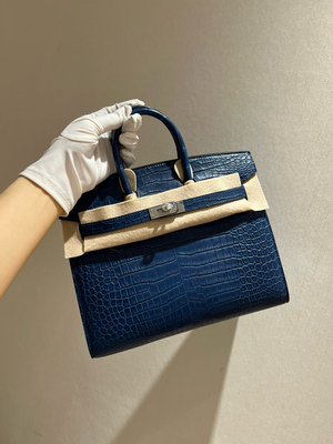 蓝染鳄鱼皮铂金包25cm进口hcp湾鳄雾面三张皮纯手工蜡线手工钉