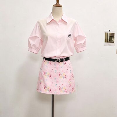4.3新品WESTAYONE粉色衬衫女小个子衬衣高级感+油画印花短裙