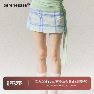 SereneEase蓝格纹A字短裙