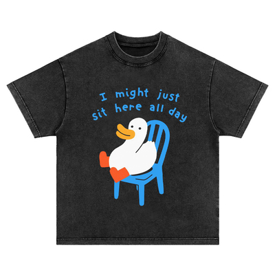 sit here all day趣味卡通重磅vintage水洗做旧长短袖T恤卫衣美式