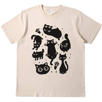 黑猫插画 趣味直喷印花T恤复古vintagetee男女宽松休闲短袖tshirt