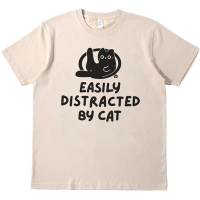 很容易被猫分心 趣味美式复古vintage短袖男女情侣T恤纯棉tshirt