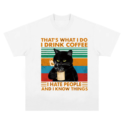 喝咖啡的猫 美式重磅纯棉白色宽松休闲长短袖T恤男女卫衣teeshirt