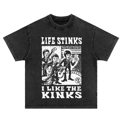 the kinks奇想乐队 直喷印花美式水洗做旧复古纯棉重磅长短袖T恤