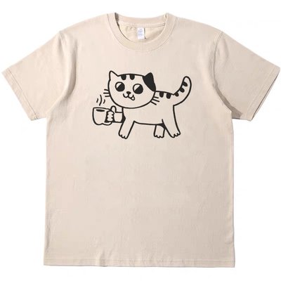 喝咖啡的小猫 趣味美式复古vintage短袖男女情侣T恤纯棉teeshirt
