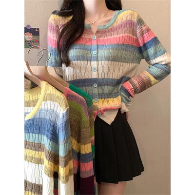 早秋季彩虹条纹长袖针织开衫上衣设计感小众镂空外搭毛衣外套女士