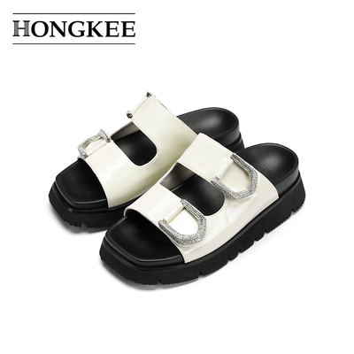 Hongkee/红科凉拖鞋女夏外穿2024新款牛皮厚底时尚凉鞋HD14D201