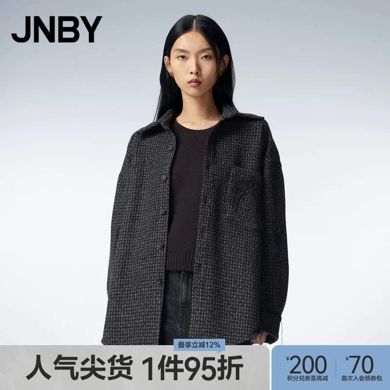 JNBY/江南布衣秋冬衬衫领式毛呢外套夹克女士复古千鸟格纹全羊毛