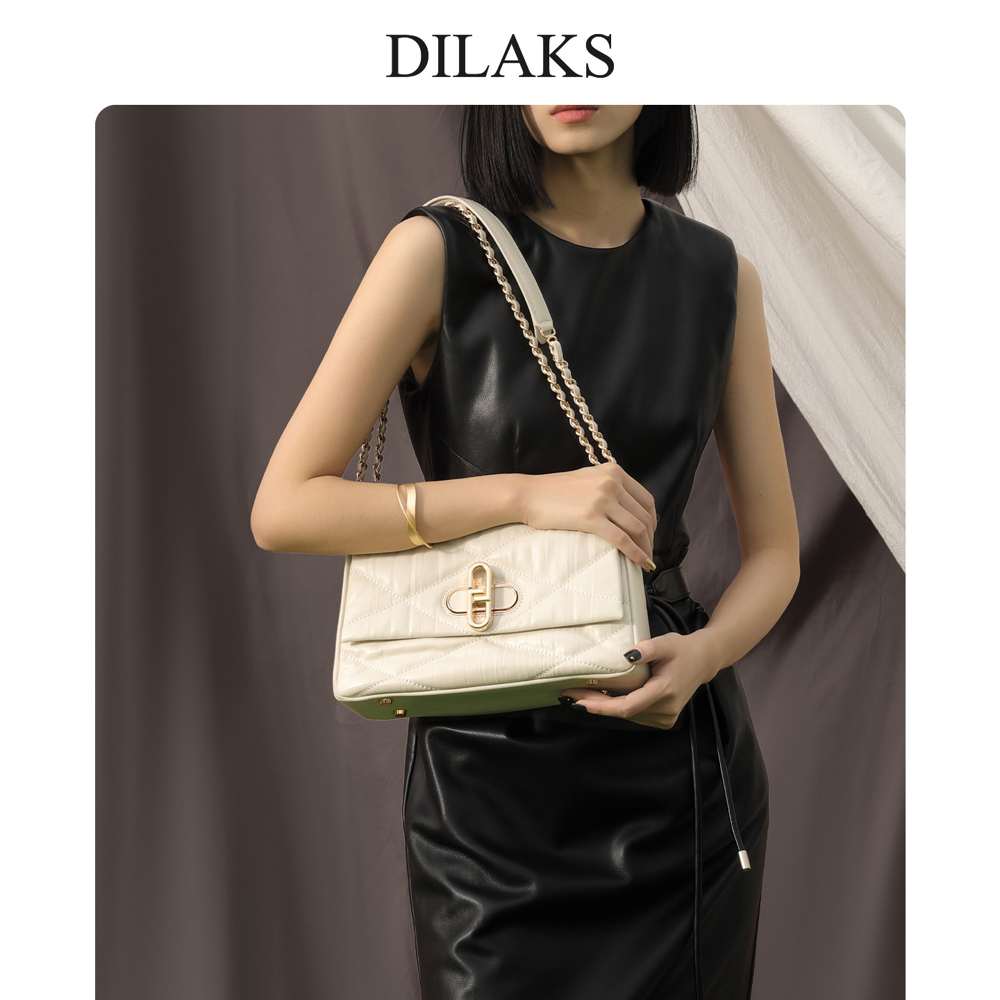 DILAKS迪莱克丝专柜正品真皮菱格链条包女轻奢高级感单肩斜挎包女