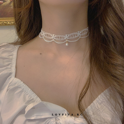 项链女白色蕾丝颈脖仿珍珠颈链少女气质项圈颈带超仙锁骨链脖饰