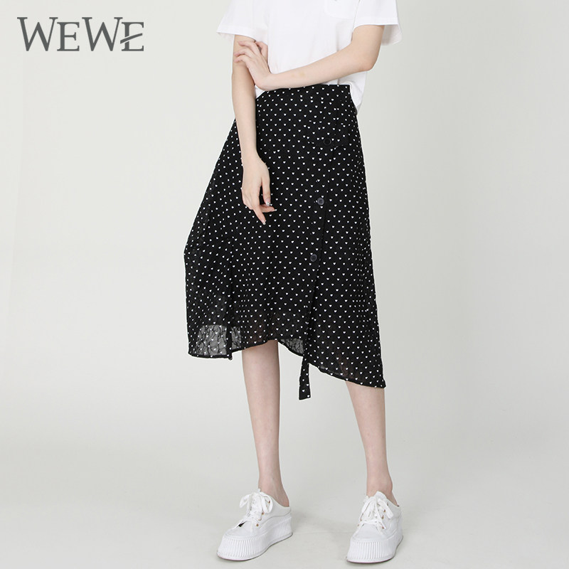 WEWE唯唯夏季新品女装撞色心点印花不规则半身裙时尚个性