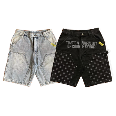 That's A Awful Lot of Cough Syrup印花烫钻休闲洗水牛仔短裤