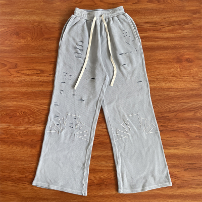 Vertabrae sweatpants 街头风浅灰破洞刺绣宽松抽绳休闲长裤