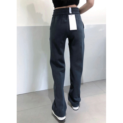 松紧腰烟灰色裤子窄版阔腿直筒裤