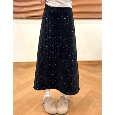 黑色彩织点点高腰A字半身裙早春