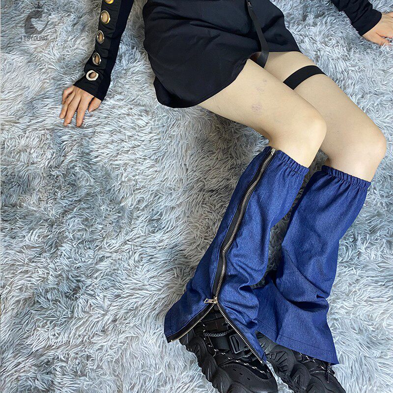 Jk学生脚套街头个性牛仔女袜套时尚潮流拉链朋克修身显瘦腿套防晒
