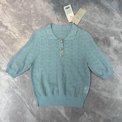 4.14朗文… 清新翻领短袖针织套头衫女夏简约提花T恤轻熟风