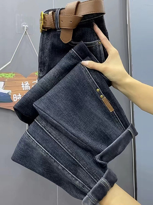 高腰加绒牛仔老爹裤女