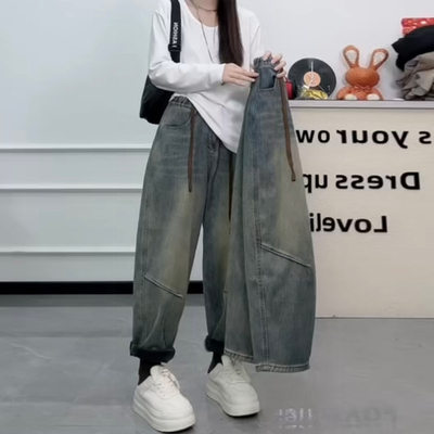 冬季新款加绒加厚牛仔老爹裤女胖mm宽松显瘦萝卜裤窄版九分哈伦裤