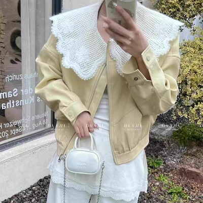 蕾丝拼接娃娃领短款皮衣短外套