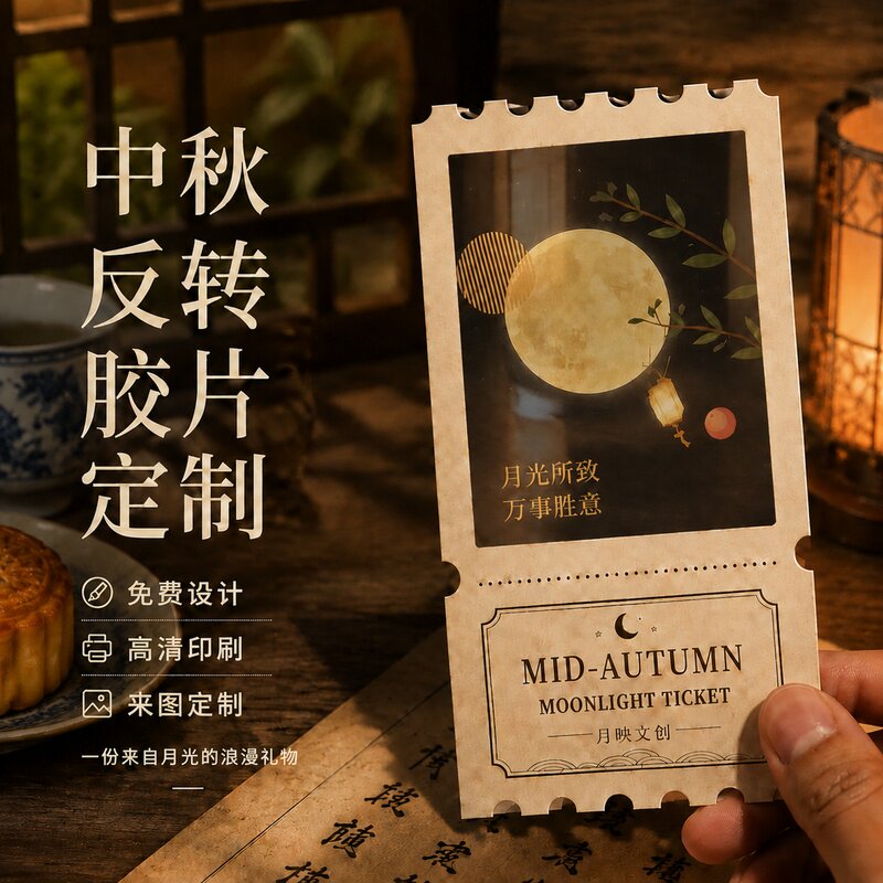 中秋反转胶片定制公司节日异形伴手礼纪念光影贺卡票根设计文创周边纪念品投影透明明信片菲林胶片小卡订制作