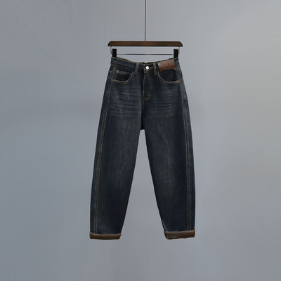 加绒加厚复古老爹牛仔裤女