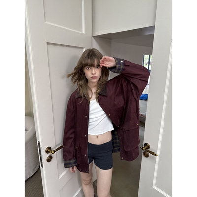 fit calling 海葵紫麂皮拼灯芯绒领秋冬夹克女宽松大口袋外套上衣