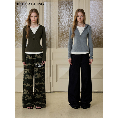 fit calling 两色云朵棉假两件撞色连帽拉链卫衣女春修身短款上衣