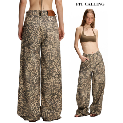 fit calling 豹纹水洗雅痞宽裤腿高腰直筒牛仔裤女夏