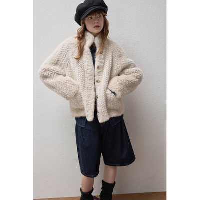 fit calling 进口手工编织翻领米白色皮草外套女冬季水貂毛毛外套