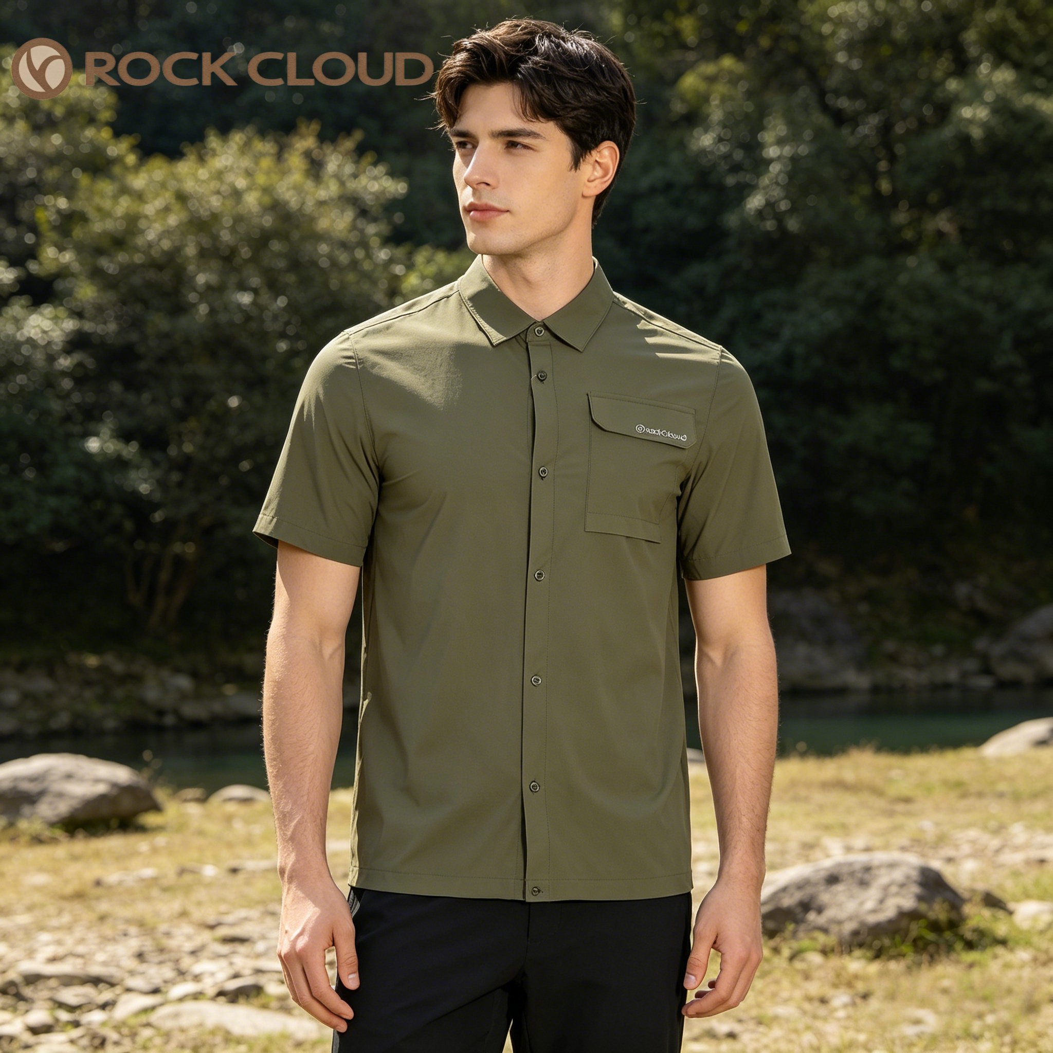 RockCloud男士速干衬衫短袖户外轻薄凉感透气翻领休闲衬衣