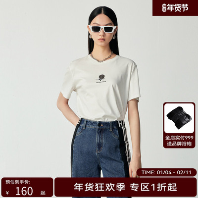 H·GENTEEL荷高23新秋装女男友风廓形击剑小人烫钻图案休闲短袖T