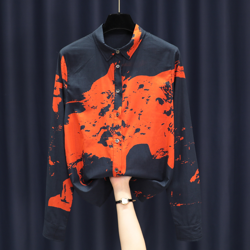 【清仓】2022春季新款欧货设计感衬衫气质翻领涂鸦高档纯棉衬衣女_虎窝淘