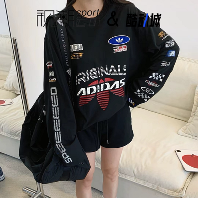 阿迪达斯黑色长袖T恤赛车风运动