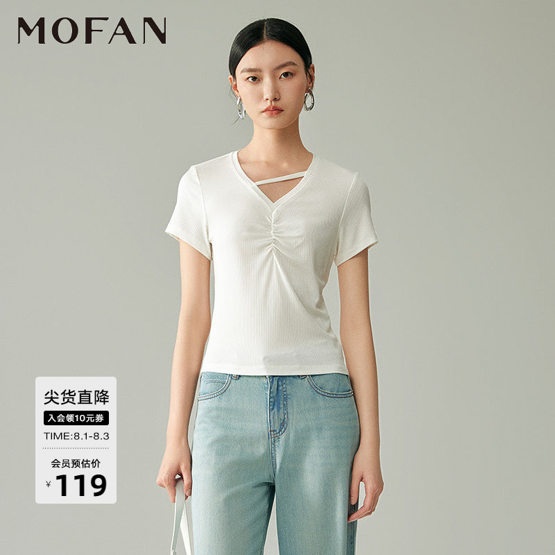 【醋酸系列】MOFAN摩凡夏醋酸个性设计V领短袖T恤女修身上衣