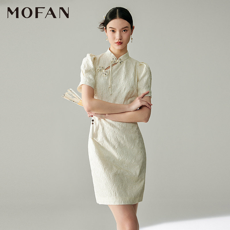 MOFAN摩凡新中式国风旗袍裙女夏款米色盘扣设计感显瘦连衣裙