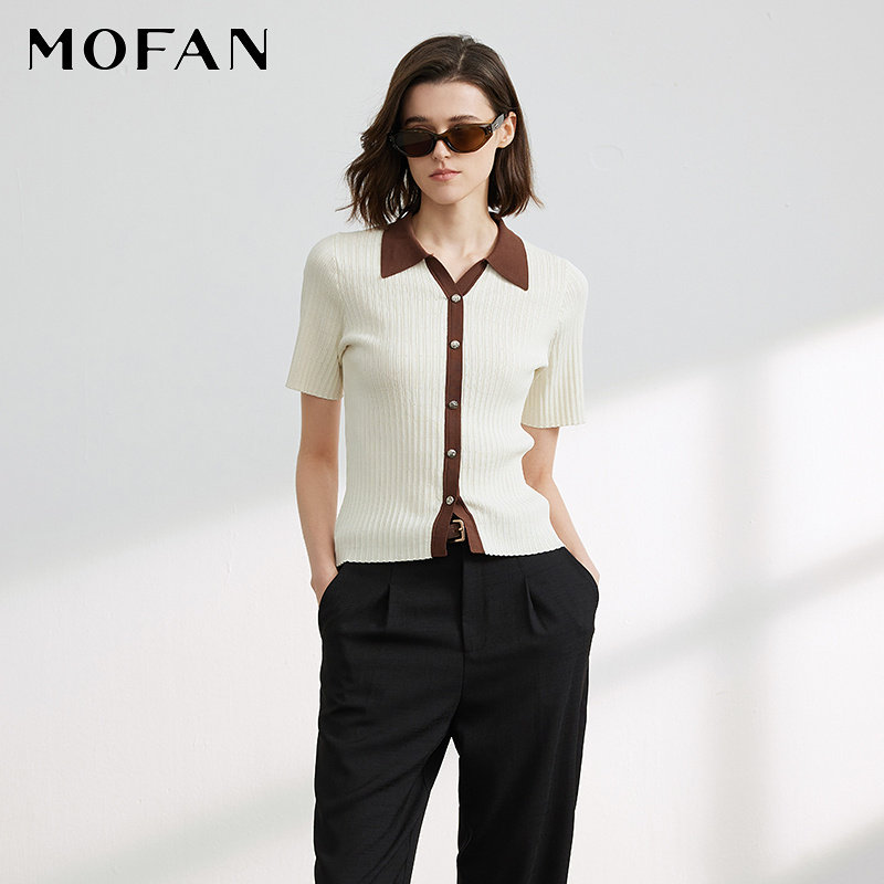 【商场同款】MOFAN摩凡2024夏款米色小V翻领毛衣女修身显瘦针织衫