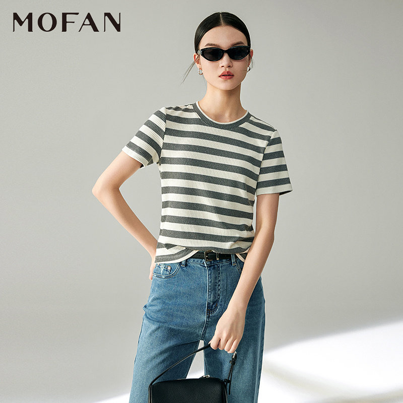MOFAN摩凡时尚优雅条纹针织上衣女夏款撞色圆领设计感短袖T恤
