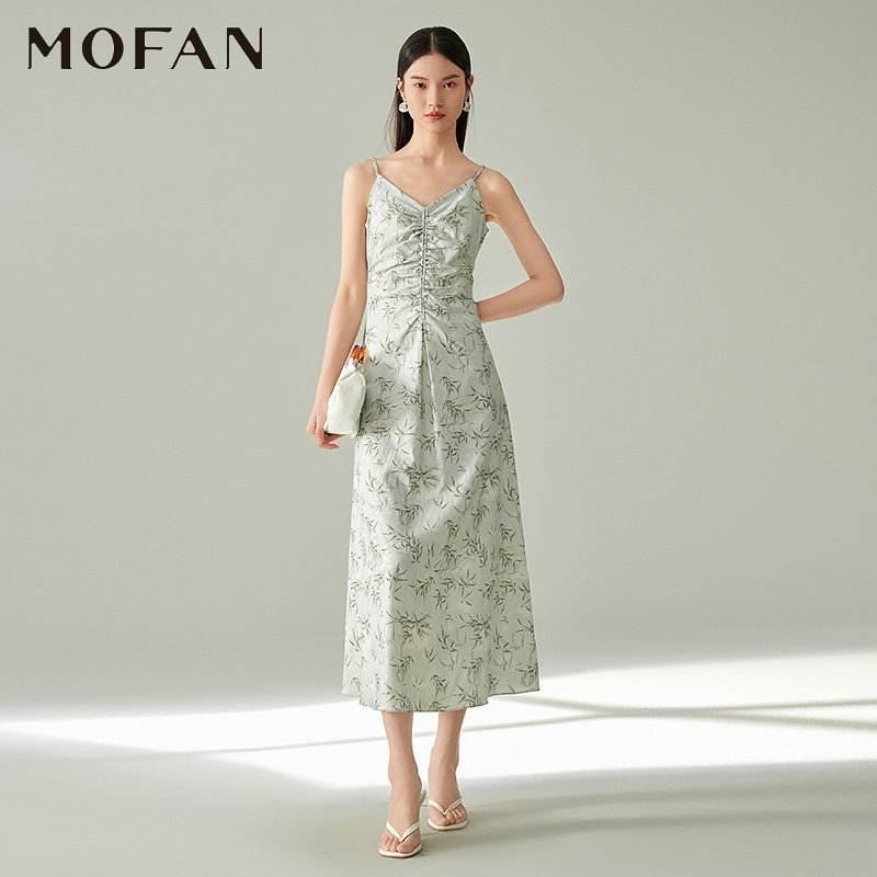 MOFAN摩凡新中式国风吊带裙夏新款绿色花纹高级感显瘦连衣裙