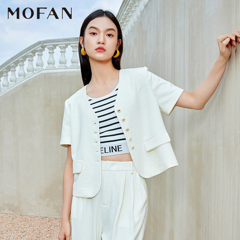 MOFAN摩凡春夏米色休闲上衣韩版显瘦V领短外套女设计感时尚套装
