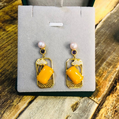 925银镀黄金镶天然蜜蜡10X14MM耳环女款俄料琥珀鸡油黄耳饰耳坠